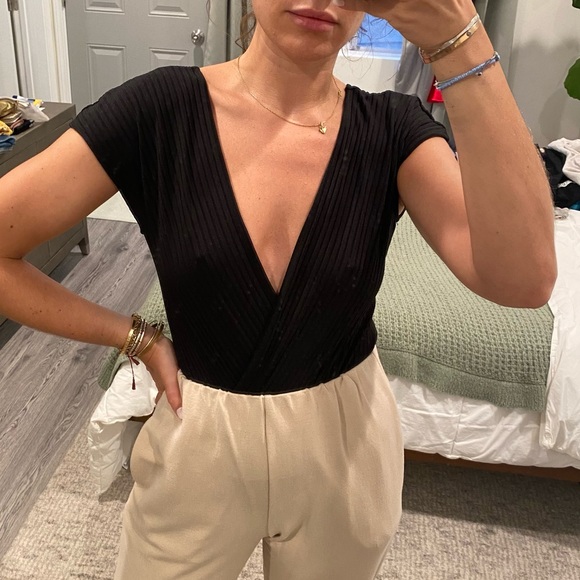 Zara | Tops | Short Sleeves Rib Bodysuit V Shaped Front Back | Poshmark